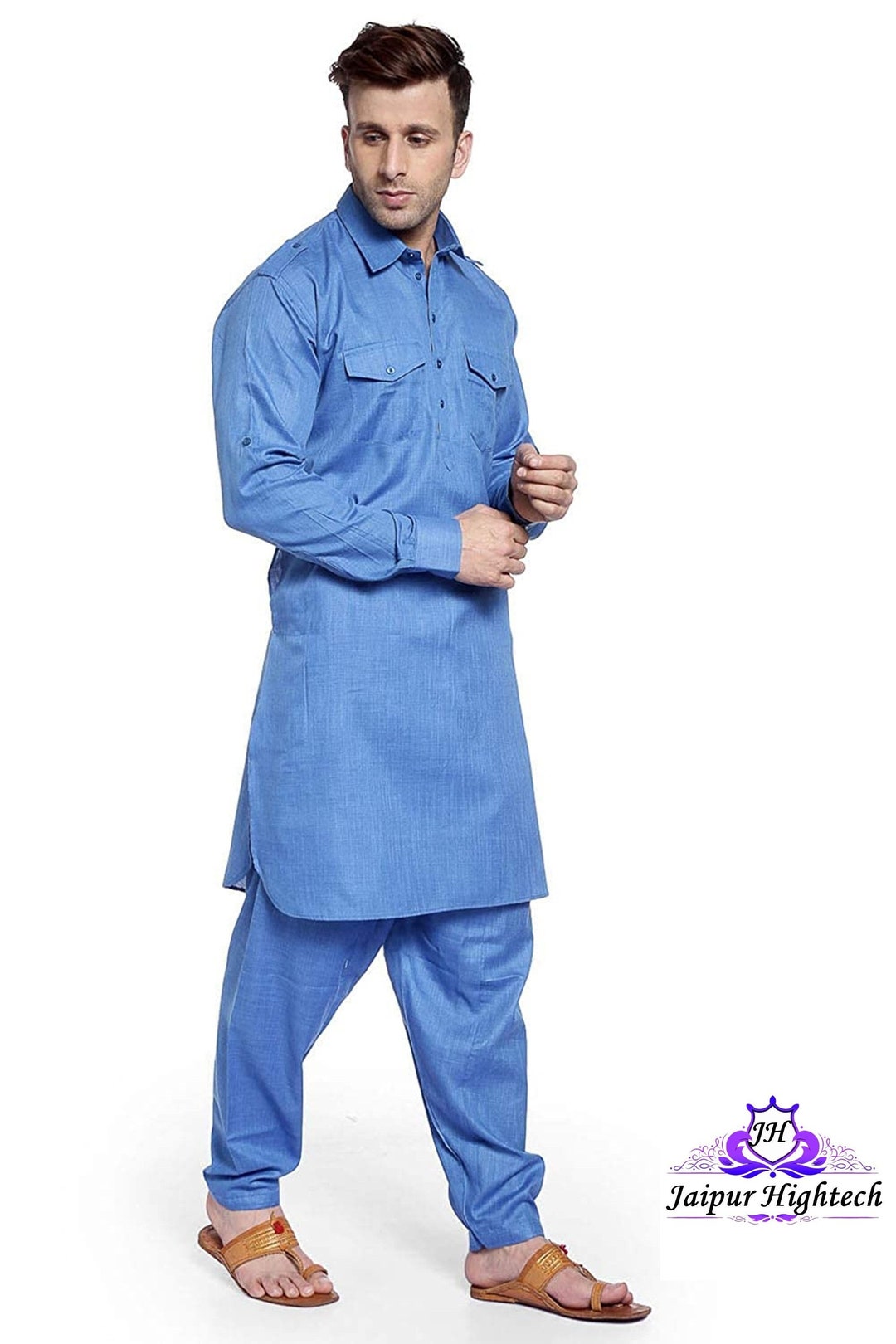 Buy Men's Wear Handmade Beautiful Kurta Pajama Party Wear Blue Cotton ...