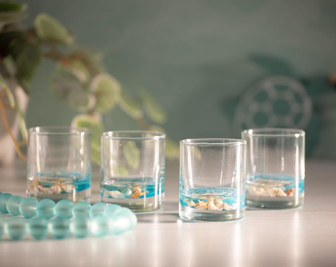Ocean Beach Shot Glass- Hawaiian Aqua Wave Glasses- Resin Barware ...