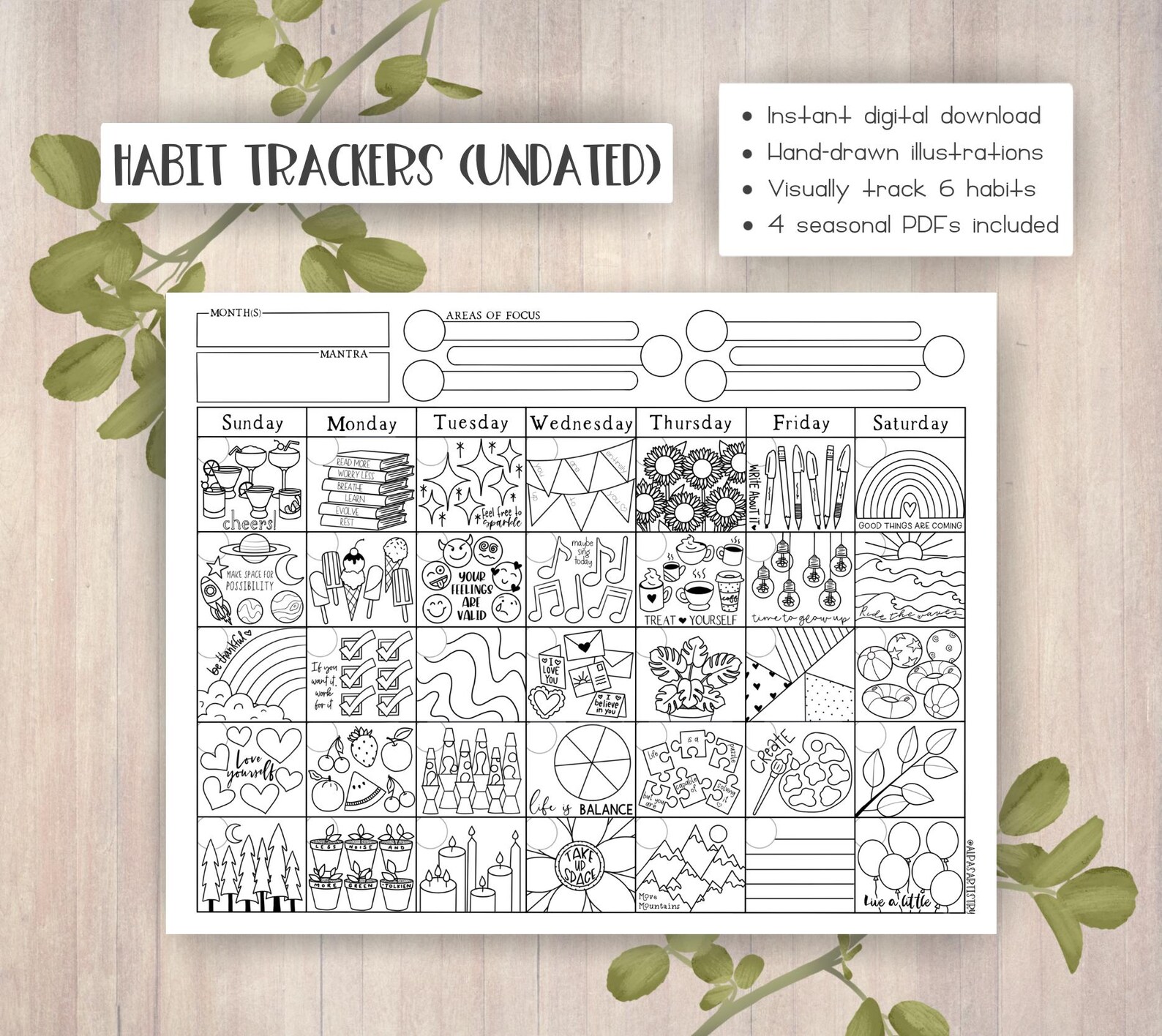 Printable Habit Trackers (coloring Page Inspired, Instant Digital ...
