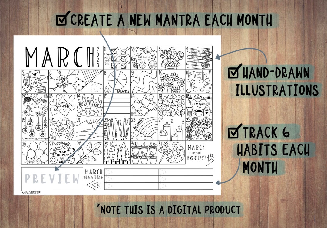MARCH Printable 2023 Habit Tracker & Reflection coloring Page - Etsy