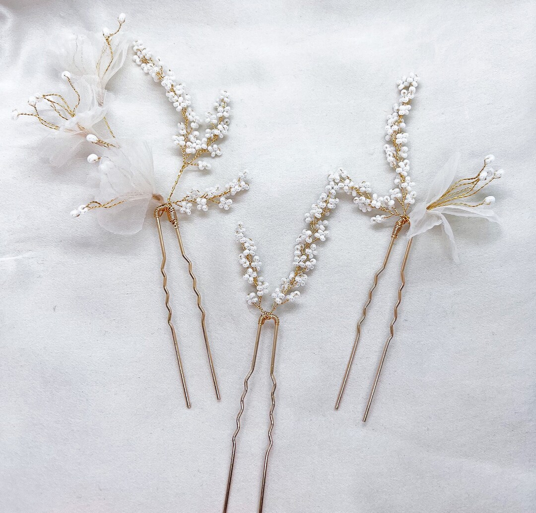 Flower Bridal Hair Pin Set, Gold Bead Hair Pins, Set of 3, Wedding ...