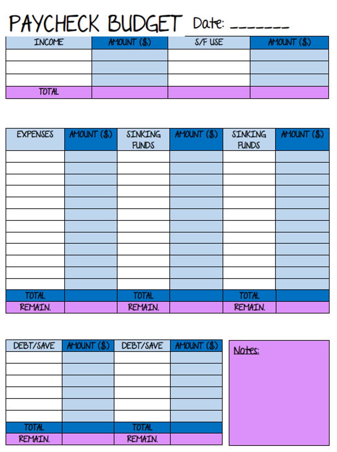 Paycheck Budget Template Colours Blue & Green - Etsy