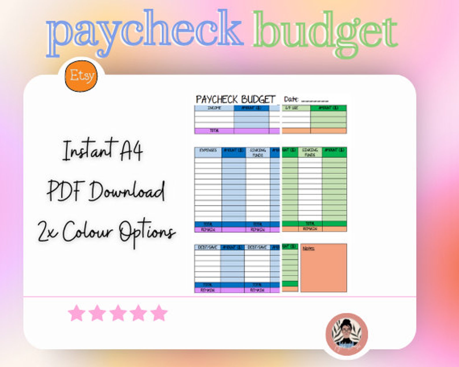 Paycheck Budget Template Colours Blue & Green - Etsy