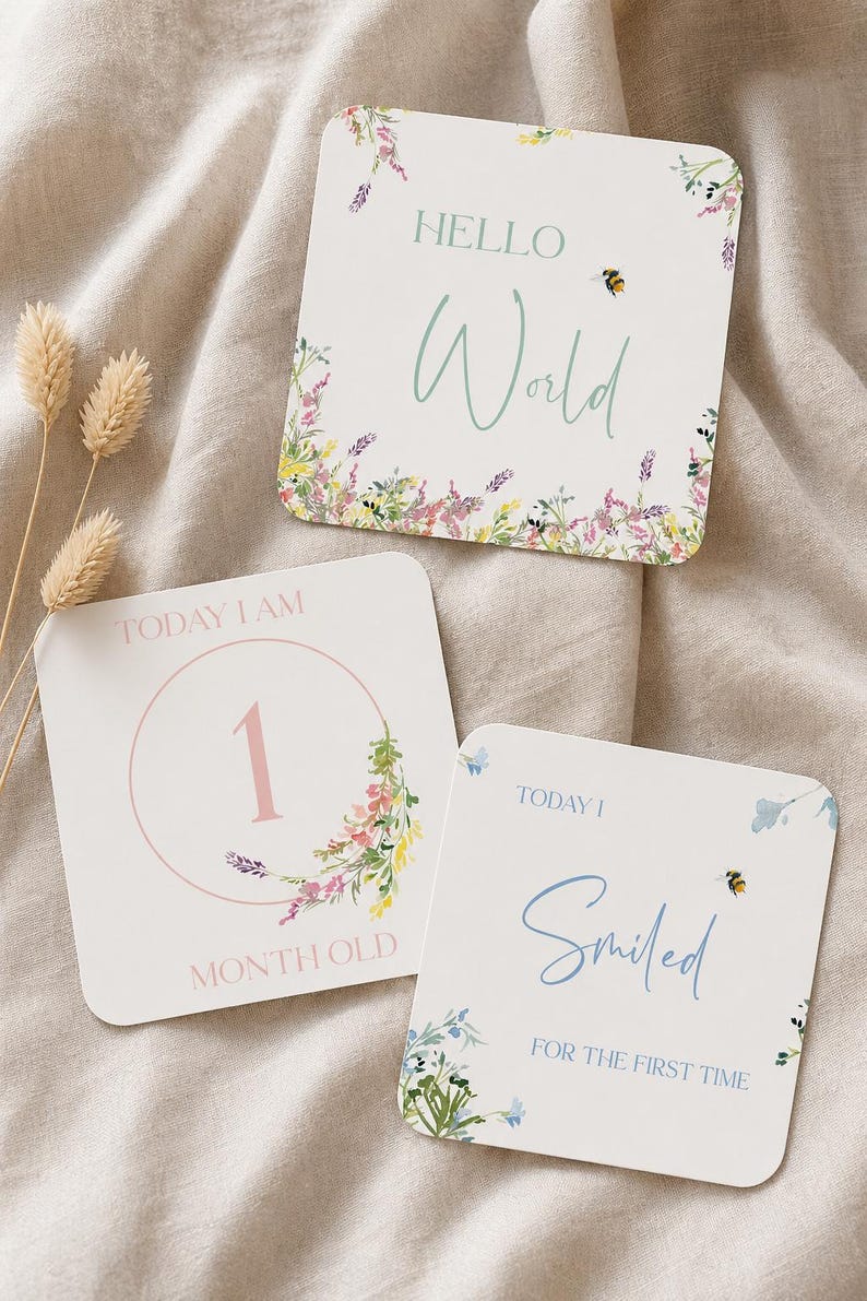 Bee Baby Milestone Cards | Watercolor Floral, First Year Keepsake - Etsy