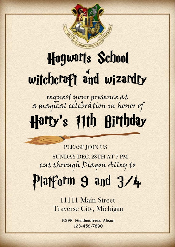 Hogwarts Birthday Invitation Harry Potter Hogwarts Personalised