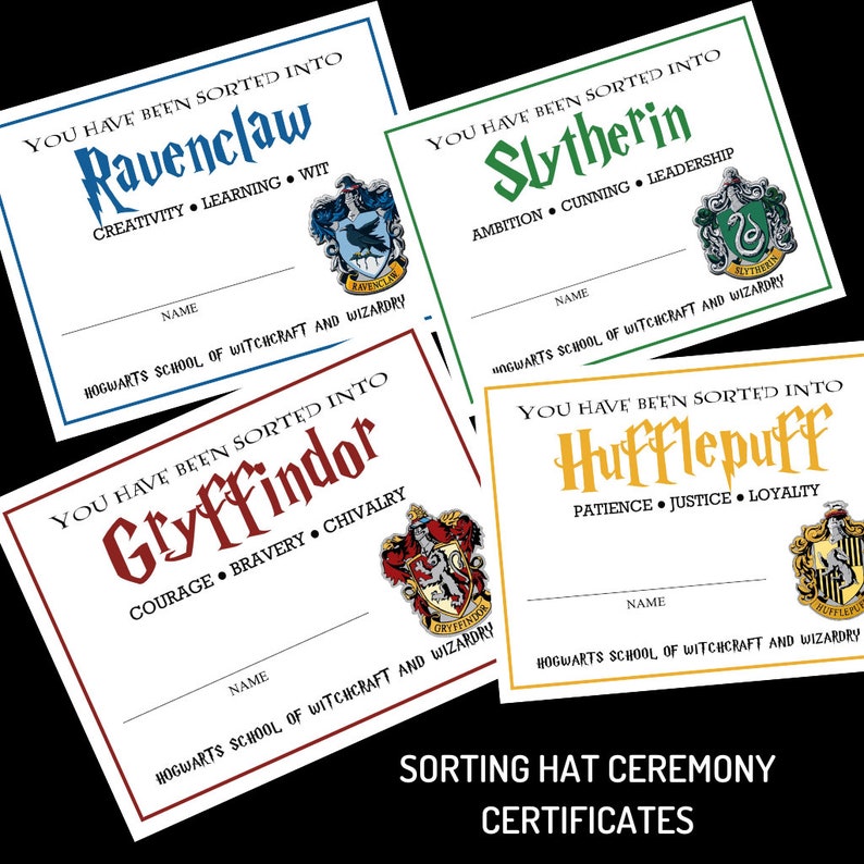 SORTING HAT CEREMONY Quiz Game Certificates Trivia Printable Gryffindo ...