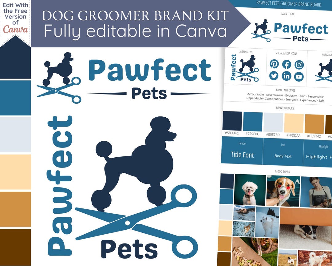 Dog Groomer Logo — Classy Dog Grooming or Pet Grooming Brand Kit ...
