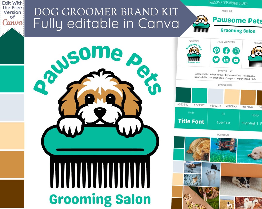 Dog Grooming Logo — Fun Dog Groomer or Pet Grooming Brand Kit Template ...