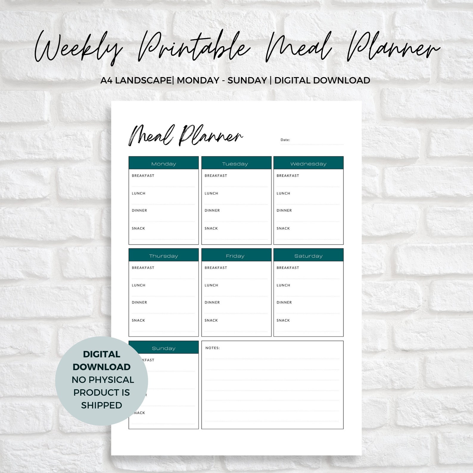 Meal Planner Printable With Notes Section, Mon- Sun Including Breakfast ...