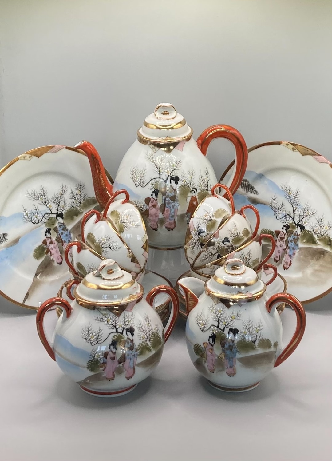 Antique Meiji Kutani Tea Set for 8, Japanese Eggshell Porcelain, Rare ...