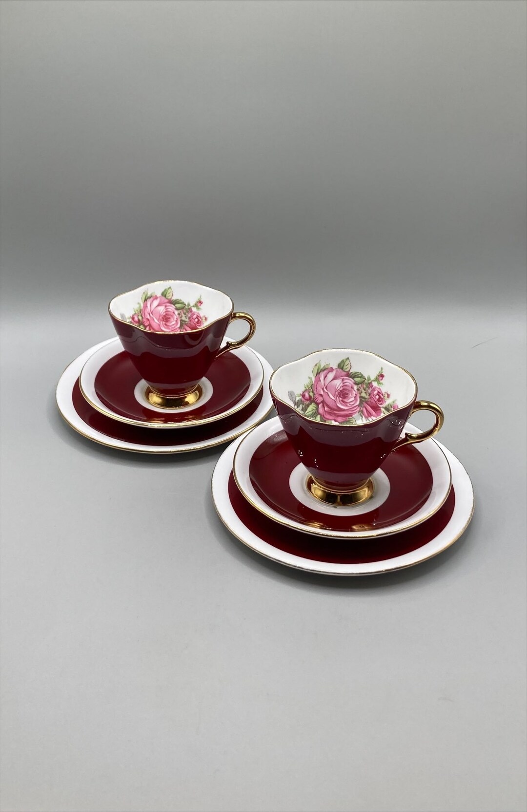 Set of Two Windsor Ruby Tea Trios – Square Teacup, Large Pink Roses ...