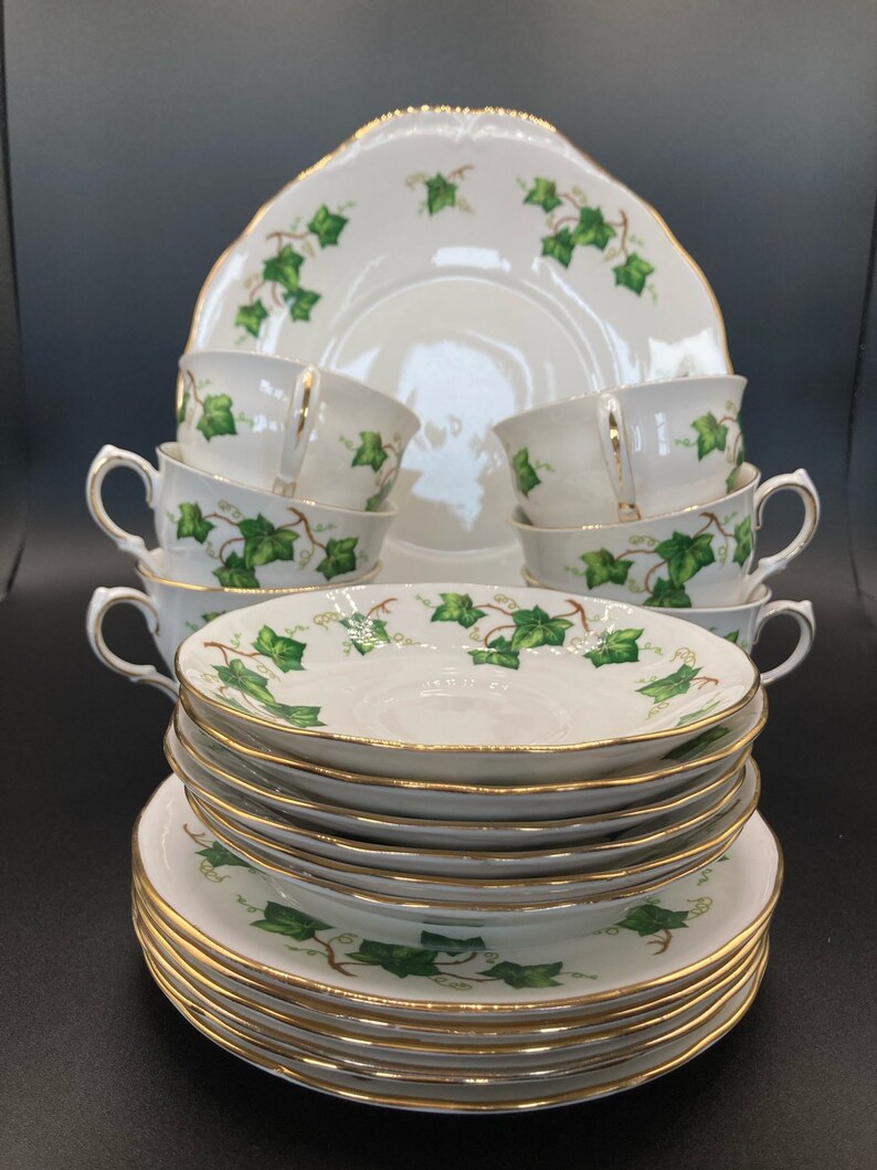Vintage White Green Tea Set Colclough English Bone China Ivy | Etsy