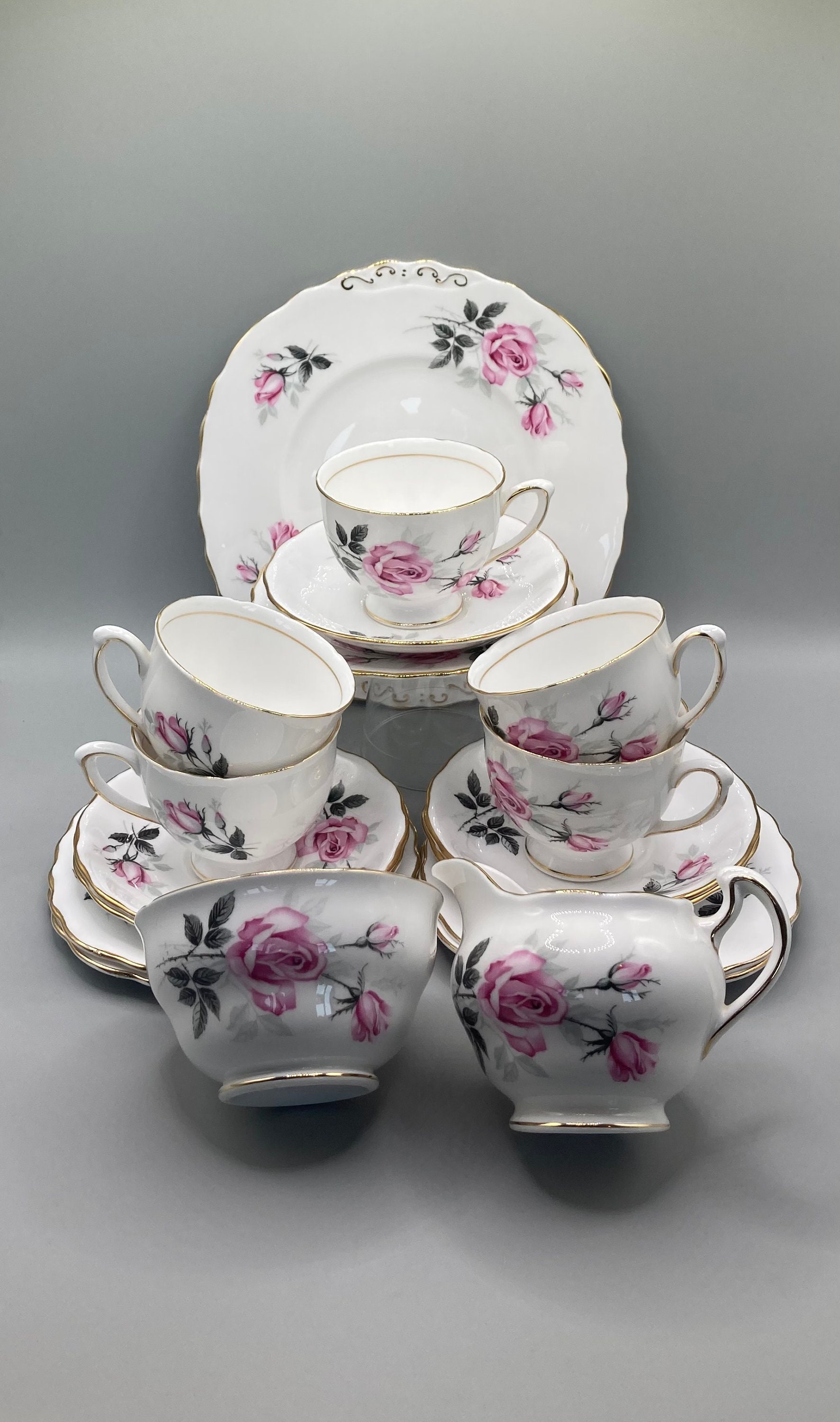 Vintage Colclough Bone China Tea Set for 5 Pink Roses Gray - Etsy