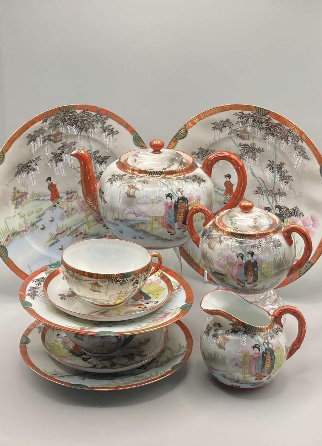 Meiji Kutani Tea Set for Two, Antique Japanese Eggshell Porcelain, Rare ...