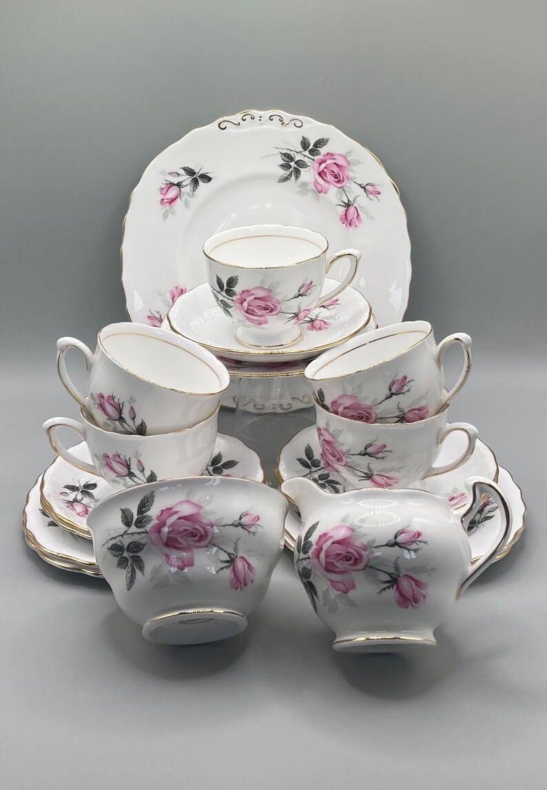Vintage Colclough Bone China Tea Set for 5 Pink Roses Gray - Etsy