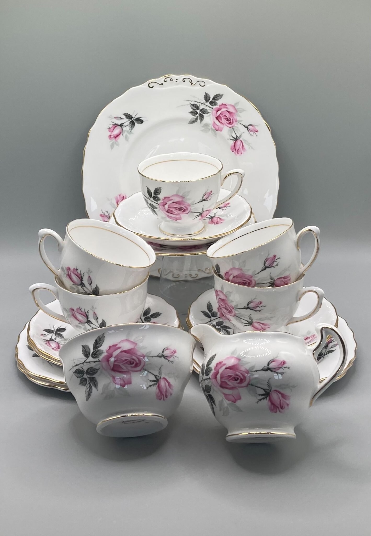 Vintage Colclough Bone China Tea Set for 5 Pink Roses Gray - Etsy