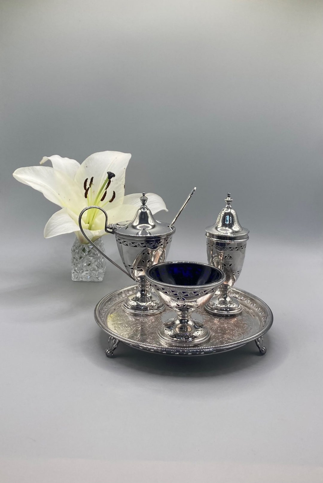 Silver Plated on Copper Cruet Set on Tray, Cobalt Glass Liners, British ...