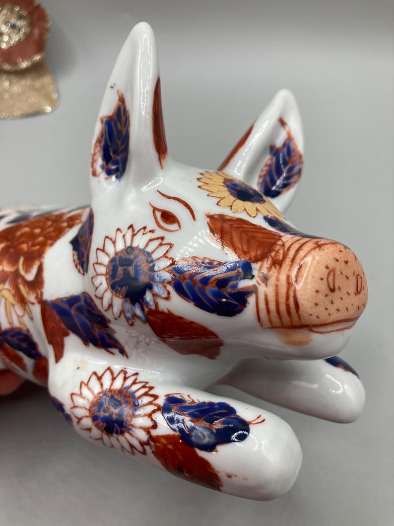 Vintage Chinese Porcelain Pig Figurine, 1990s, Red & Blue Floral Decor ...