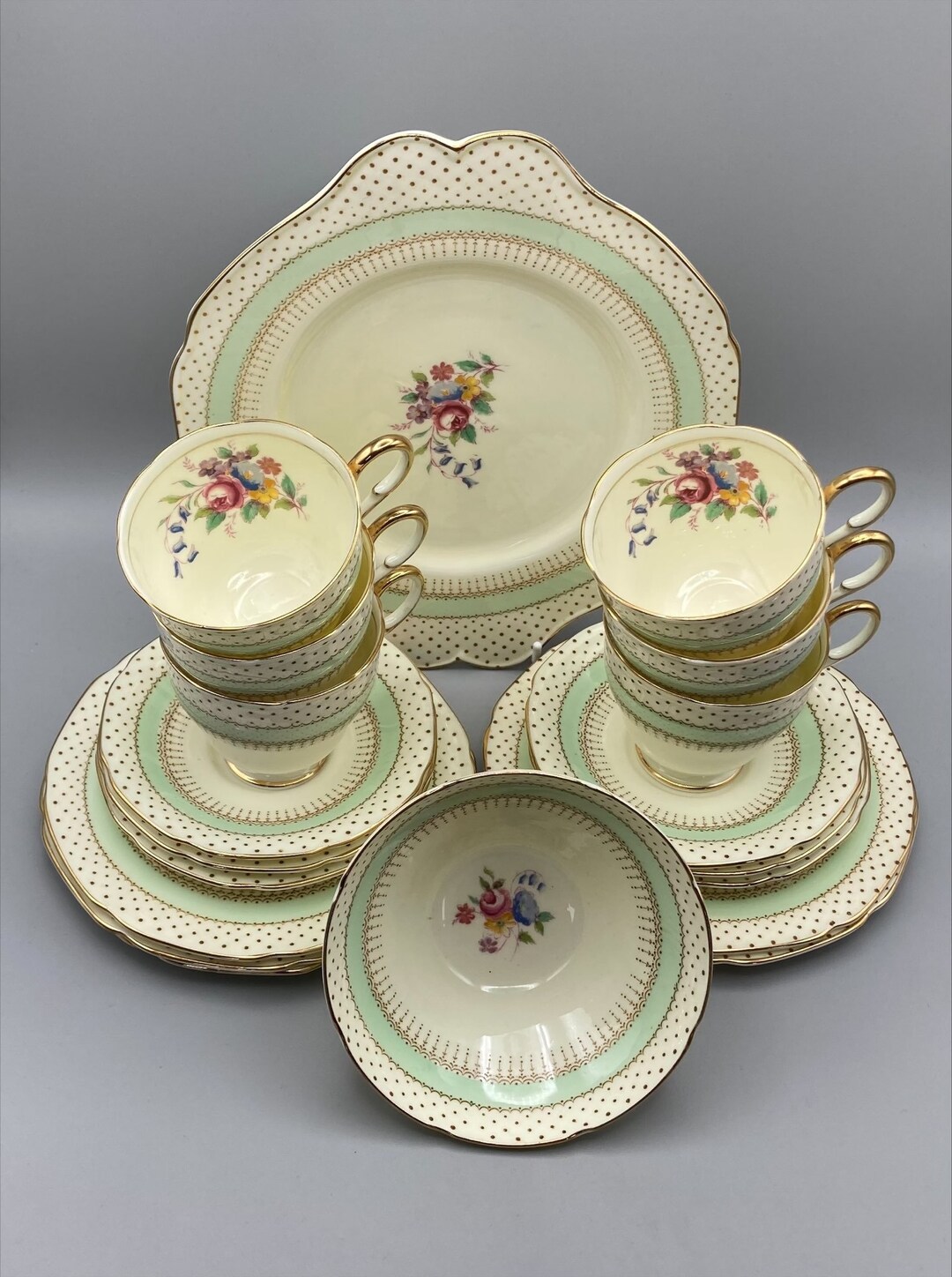 Paragon Polka Tea Set for 6, Ivory/polka Dot/light Green/floral Pattern ...