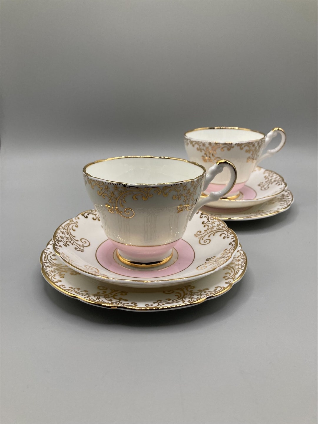 Vintage Set of Two Tea Trios Regency Bone China, White/pink/gold Tea ...