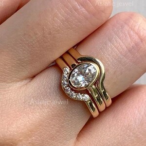Oval Cut Moissanite Full Bezel Wedding Ring, 14K Solid Yellow Gold ...