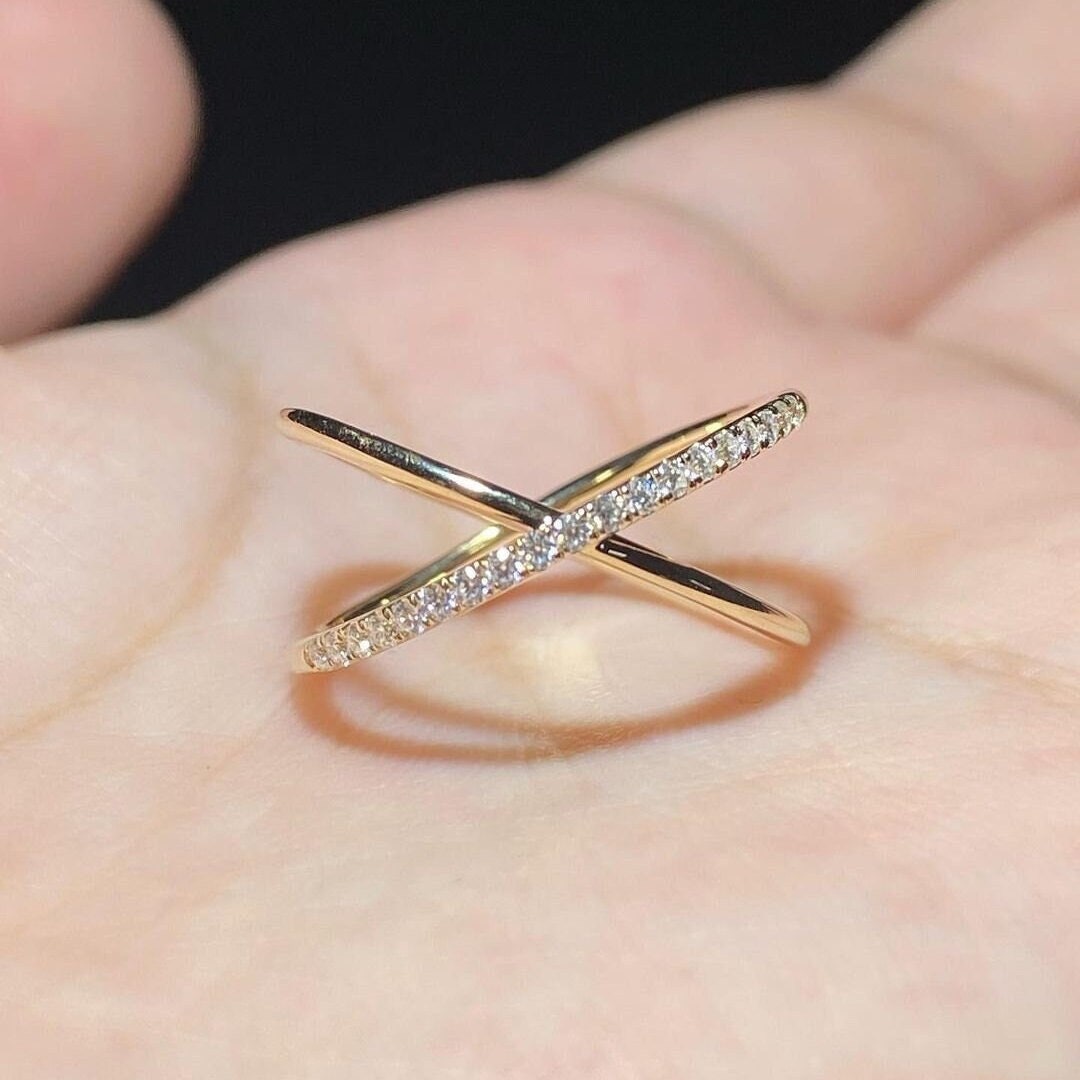 Round Cut Moissanite Crossover Wedding Ring, 14K Solid Yellow Gold ...