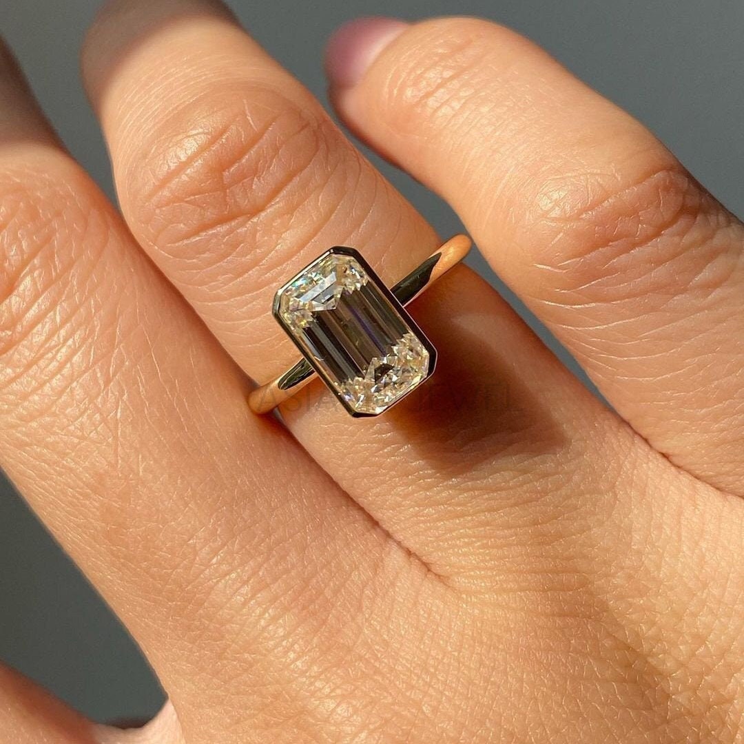 Emerald Cut Lab Grown Diamond Full Bezel Ring, 18K Solid Yellow Gold ...