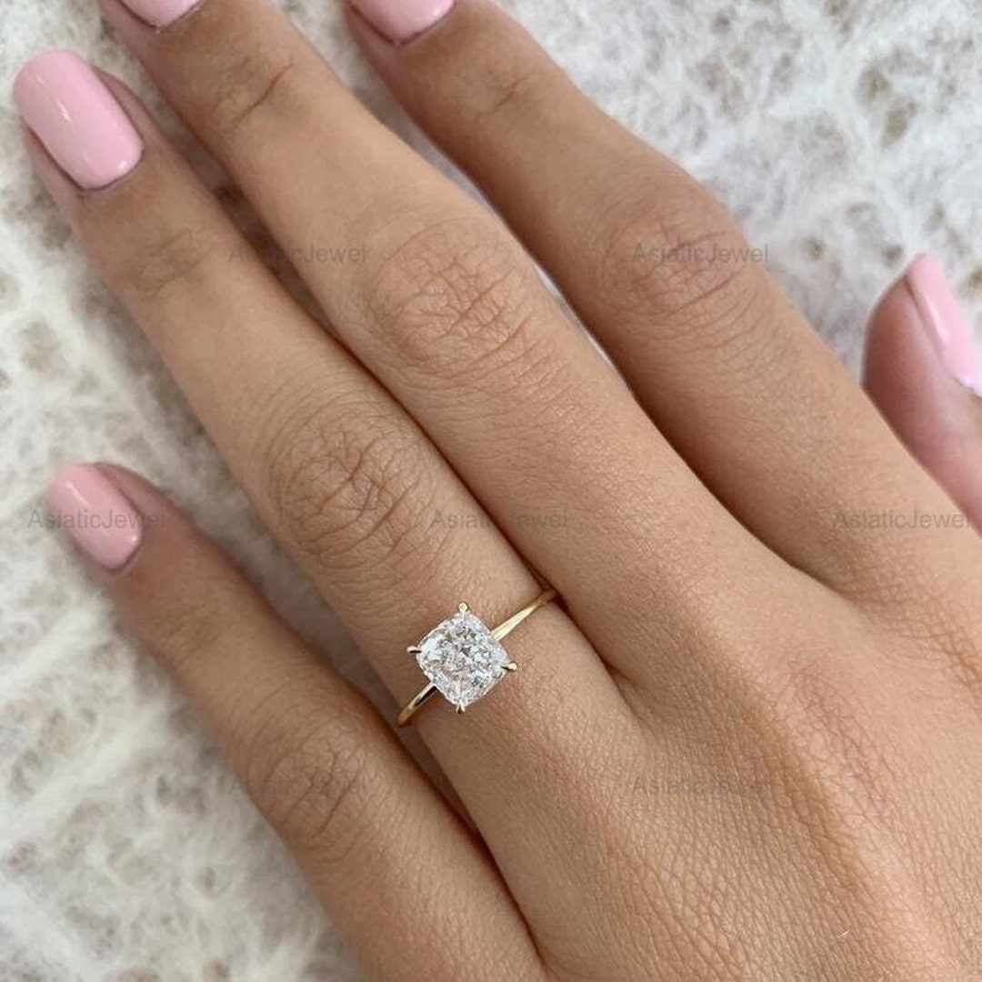 Cushion Cut Moissanite Solitaire Engagement Ring, 14K Solid Yellow Gold ...