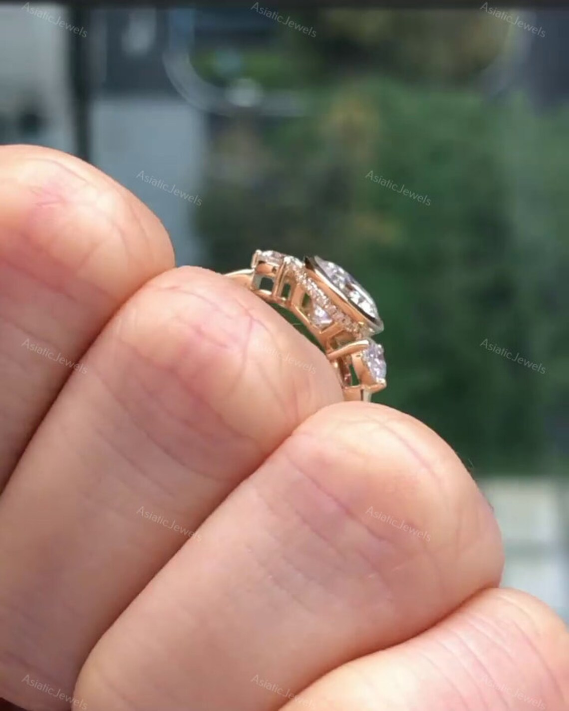 Three Stone Round Moissanite Bezel Set Engagement Ring 14K - Etsy