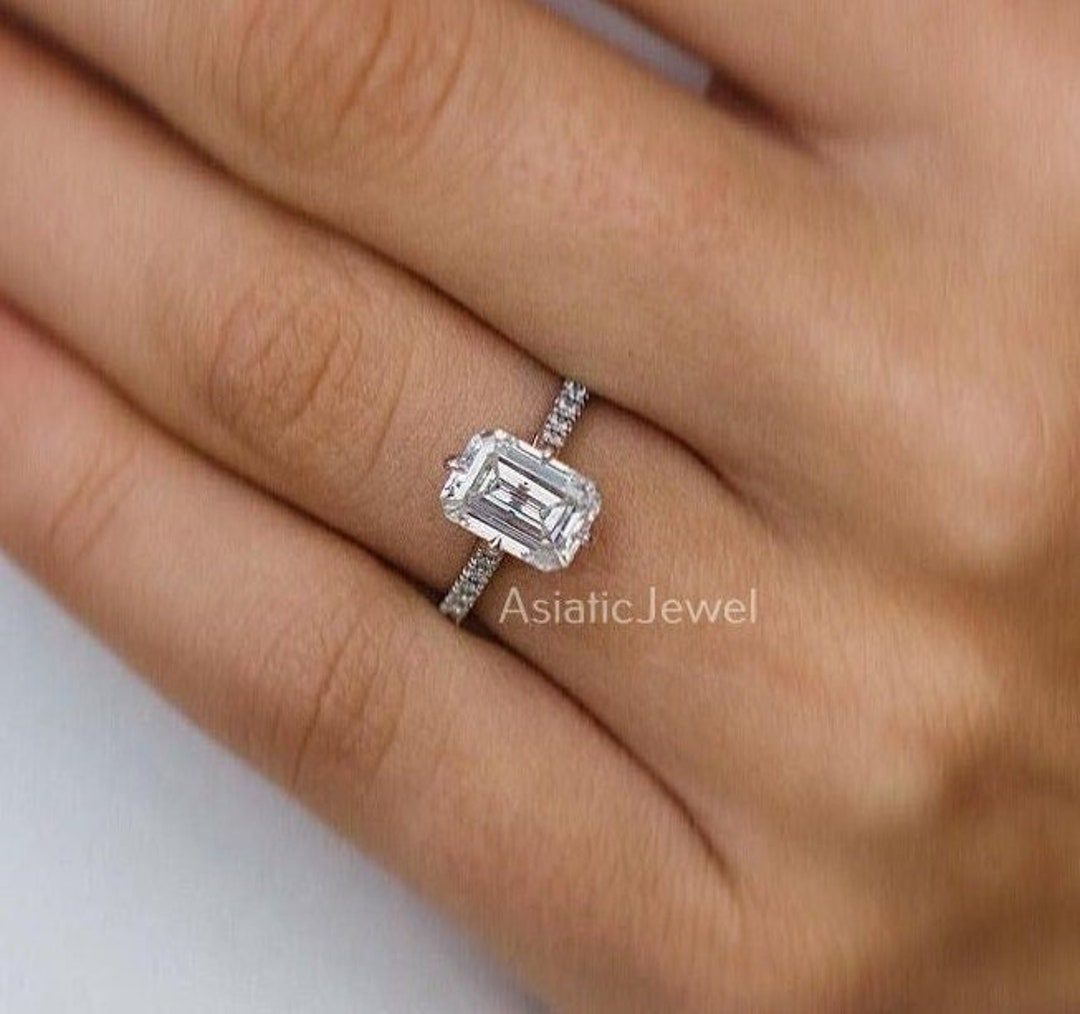 Emerald Cut Moissanite Hidden Halo Wedding Ring, 18K Solid White Gold ...