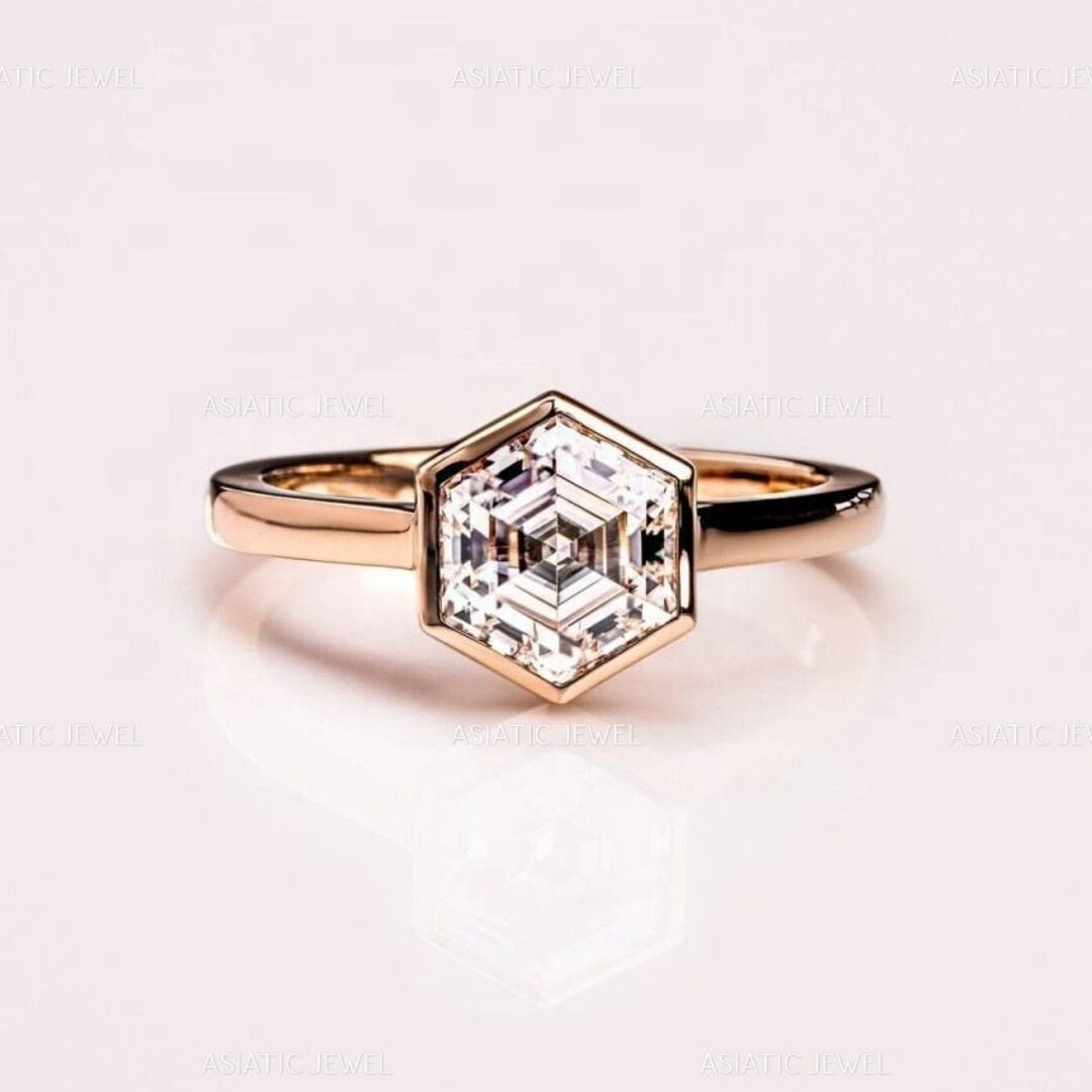 Hexagon Cut Moissanite Full Bezel Wedding Ring, 18K Solid Rose Gold ...