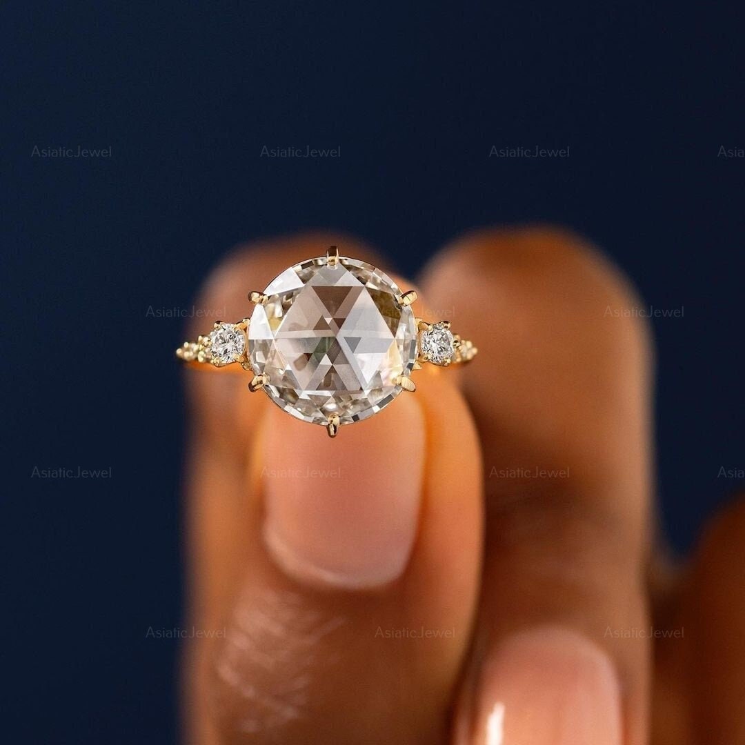 Round Rose Cut Moissanite Six Claw Prong 10K Solid Gold Engagement Ring ...