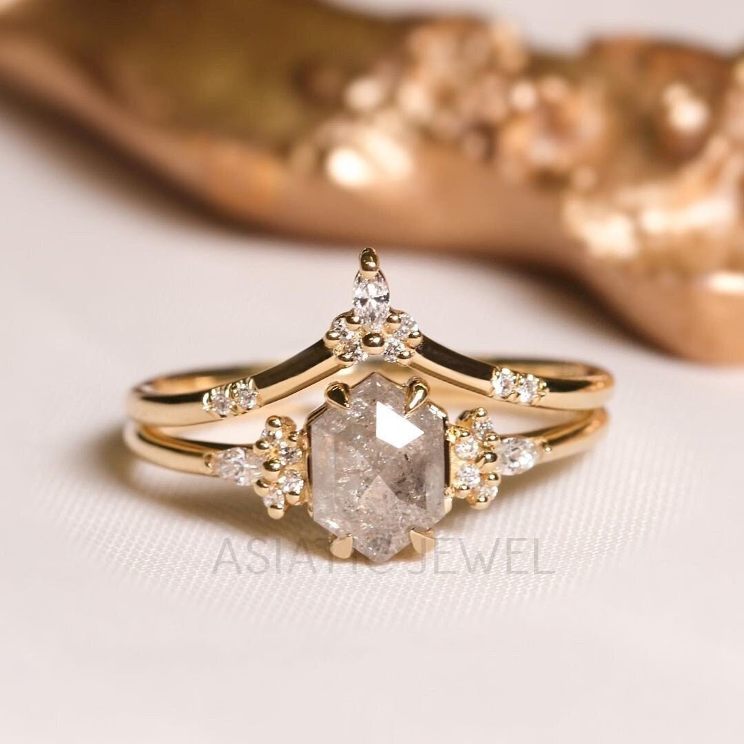 Hexagon Moissanite Wedding Ring Set, 14K Yellow Gold, Curved Bridal ...