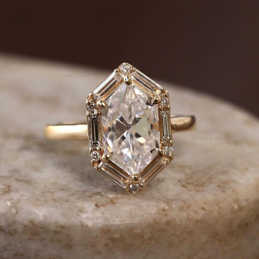 Dutch Marquise Cut Lab Diamond Ring, 14K Yellow Gold Baguette Halo ...