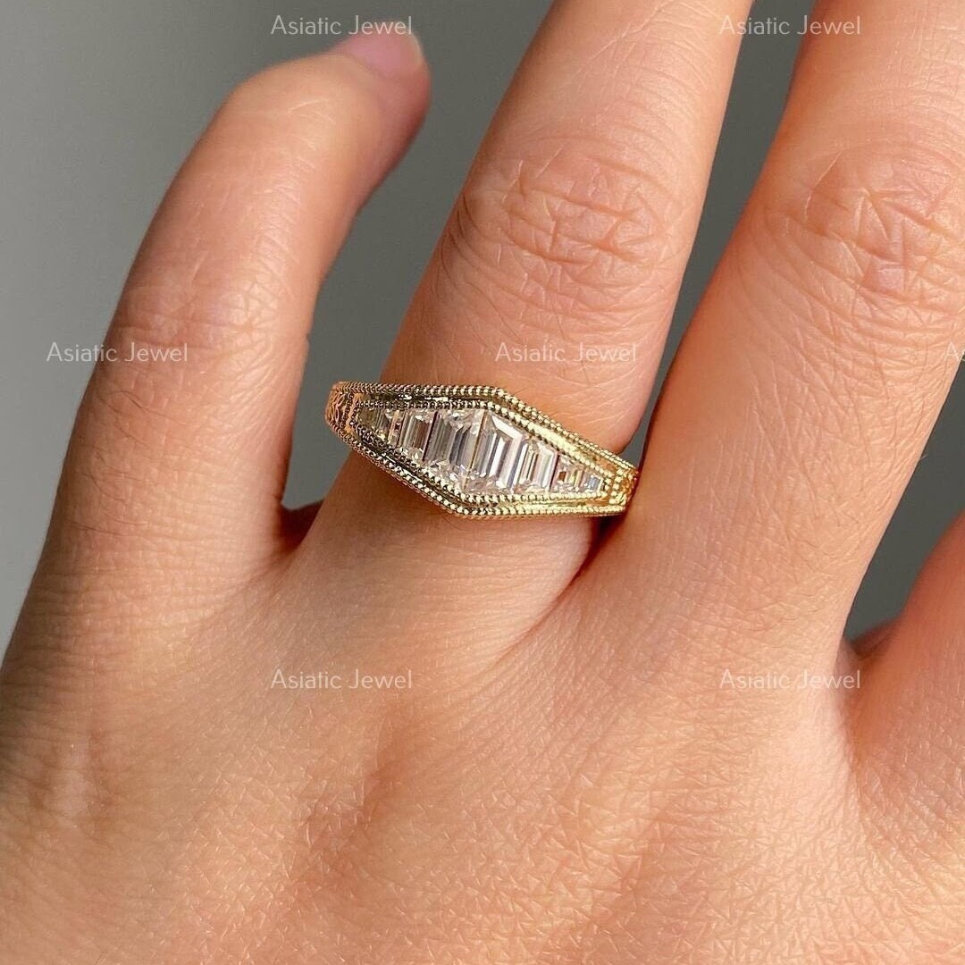 Trapezoid Cut Moissanite Vintage Ring, 18K Solid Yellow Gold Channel Setting Ring, Antique Woman ...