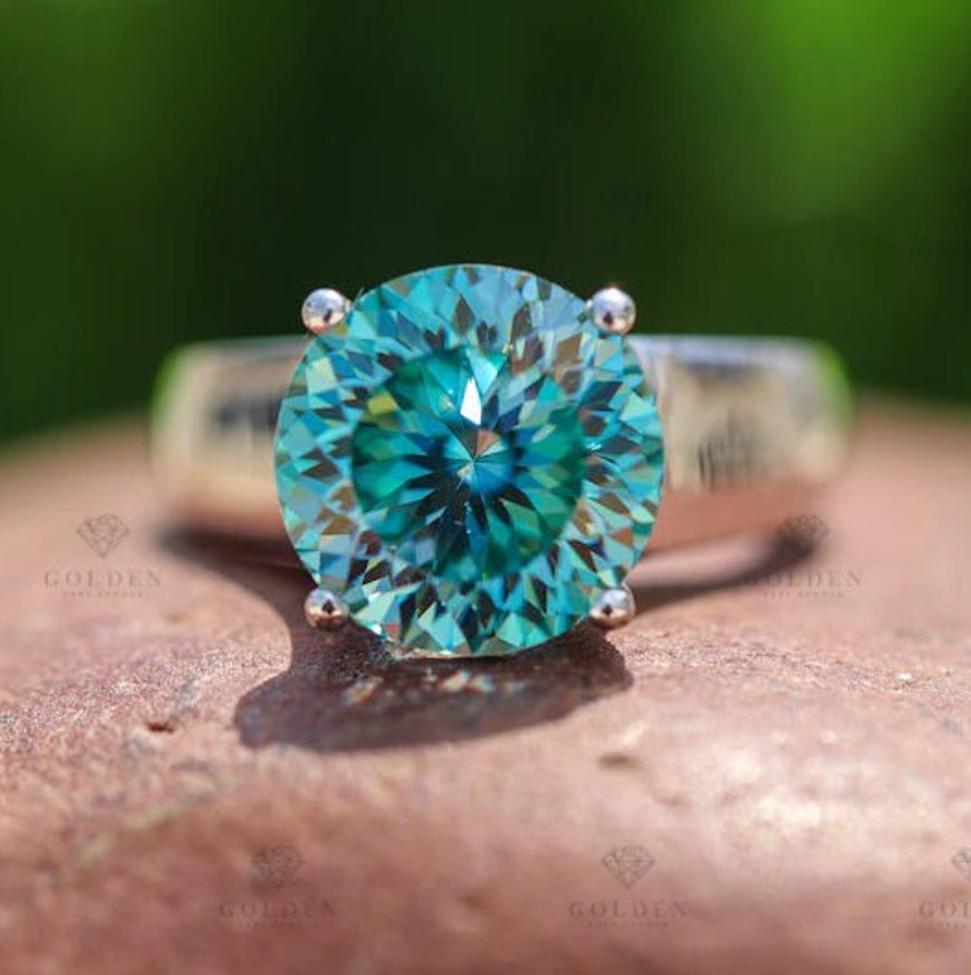 Cyan Blue Portuguese Round Cut Moissanite Solitaire Ring, 14k Solid ...