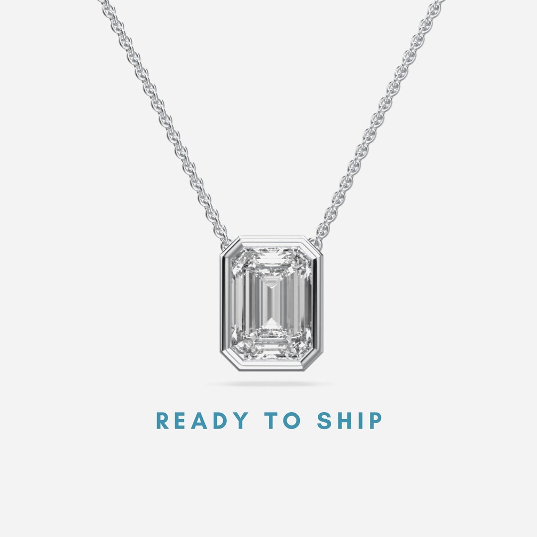 Ready to Ship! Emerald Cut Lab Created Diamond Stand Pendant, 14K Solid ...