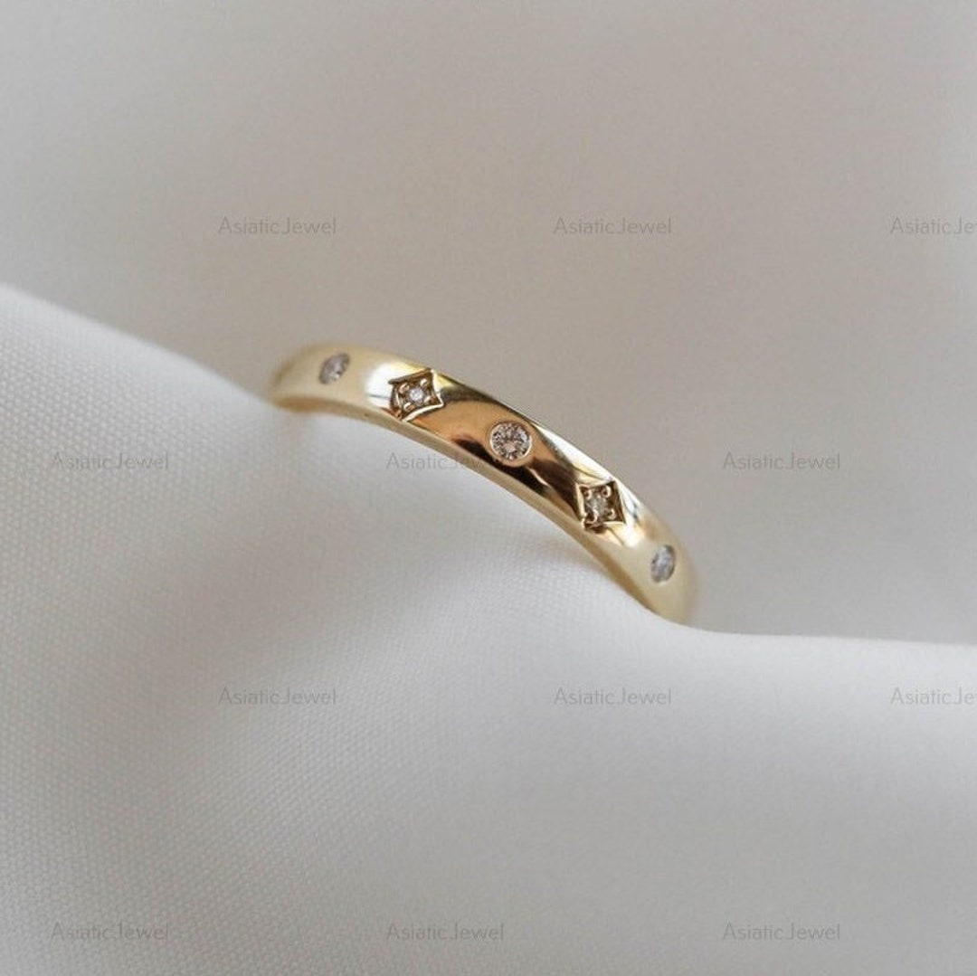 Round Cut Moissanite Flush Setting Wedding Band, 10K Solid Yellow Gold Matching Band, Stacking ...