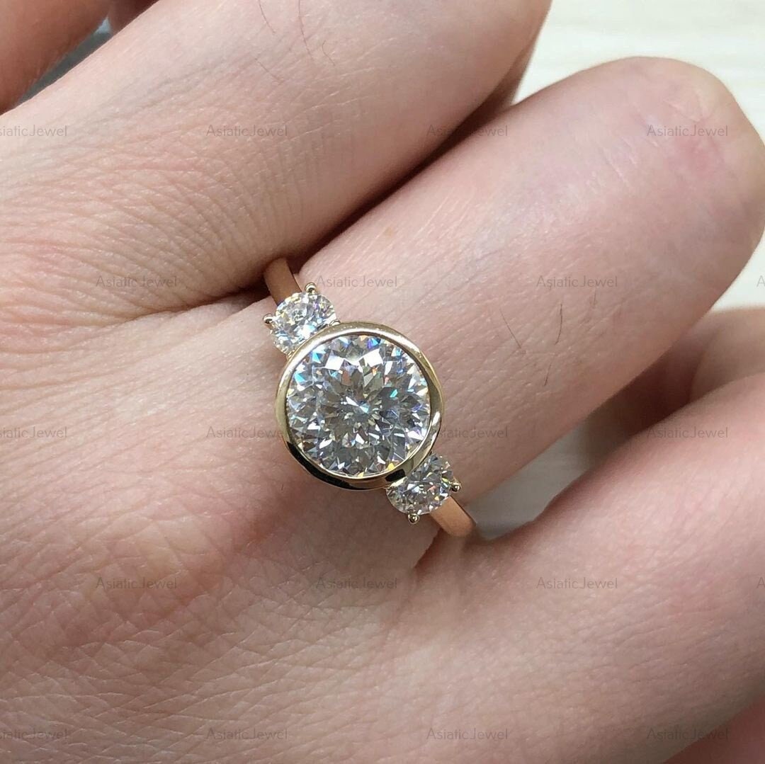 Portuguese Cut Moissanite Full Bezel Ring, 14K Solid Yellow Gold Ring ...