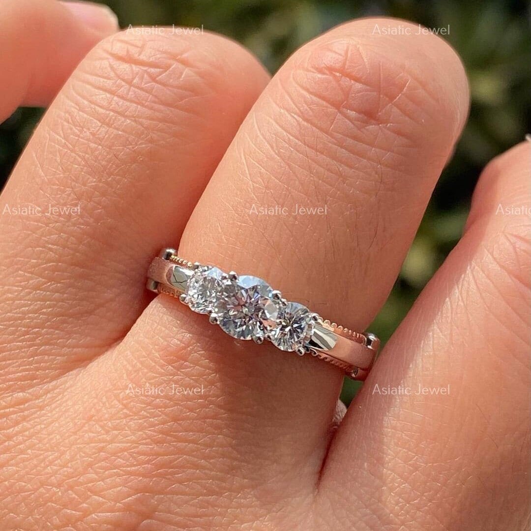 Round Cut Moissanite Three Stone Ring, 10K Solid Yellow Gold Vintage ...