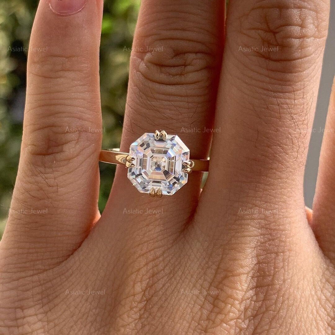 Asscher Cut Moissanite Solitaire Engagement Ring, 925 Starling Silver ...