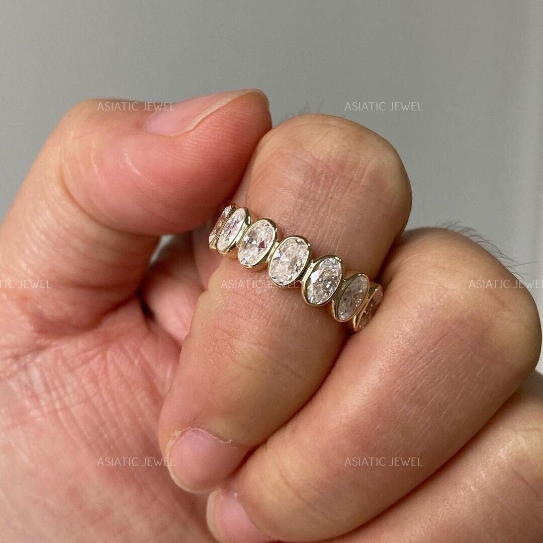 Oval Cut Moissanite Full Bezel Wedding Band, 14K Solid Yellow Gold Full ...