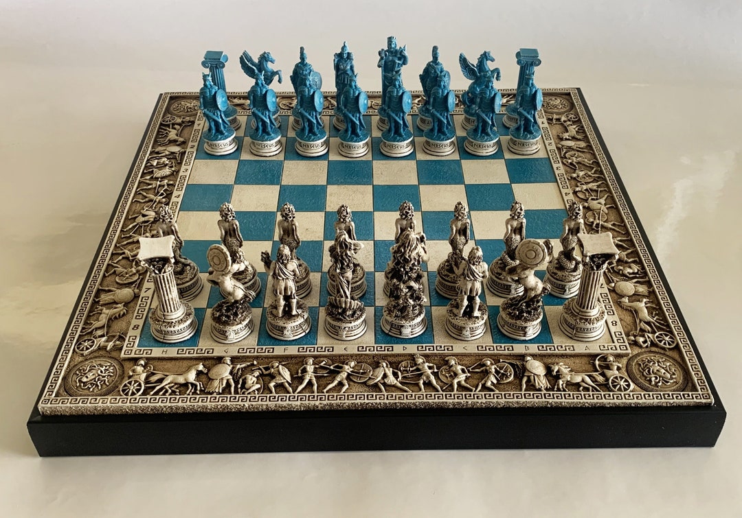 A Handcrafted Mythological Blue Chess Set. Timeless Gift for Chess ...