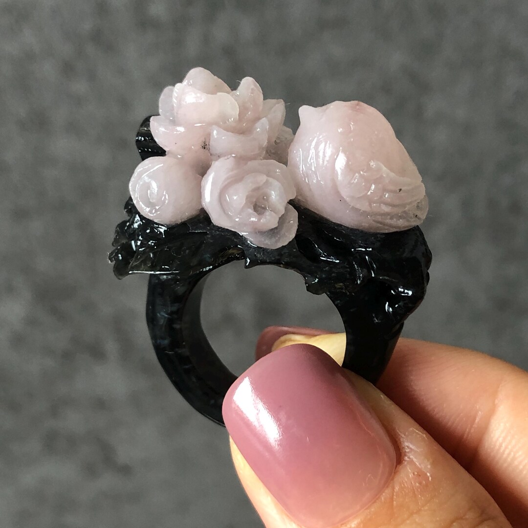 Custom Size! Xiu Jade Serpentine Hand Carved Bird and Flower Statement ...