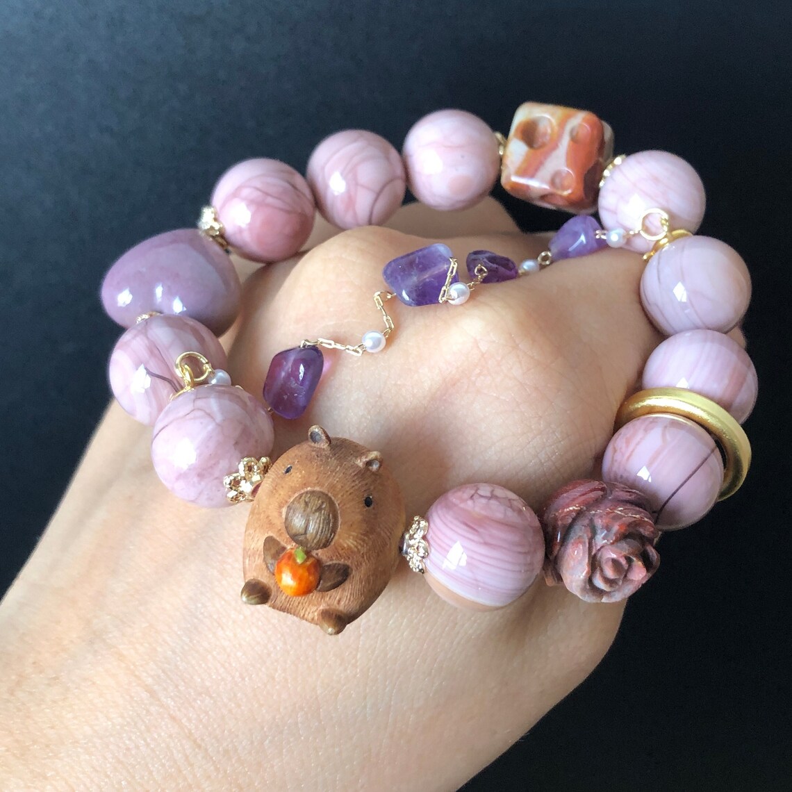 Alashan Agate Bead With Hamster Deer Antlers Charm 2 Way Crystal ...