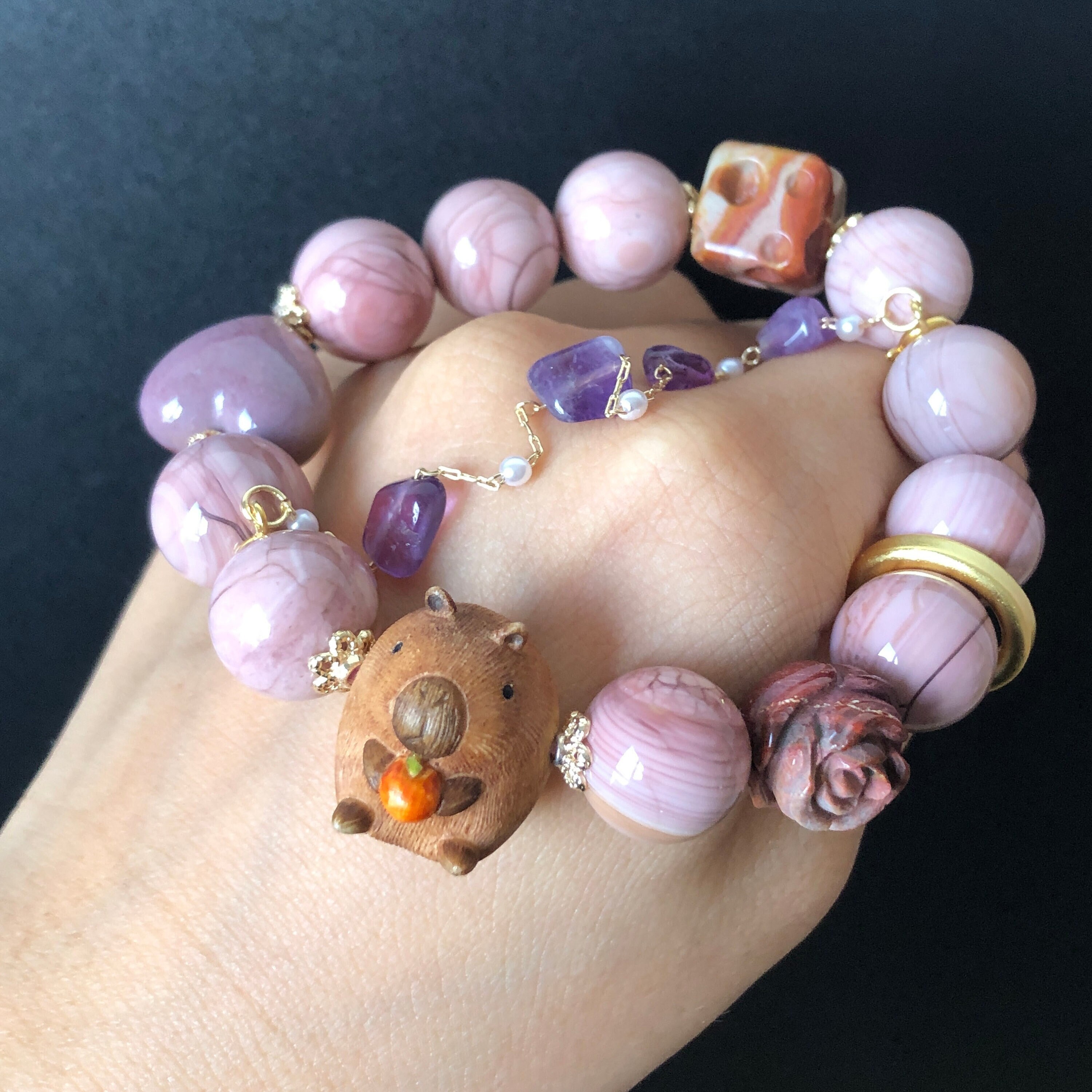 Alashan Agate Bead With Hamster Deer Antlers Charm 2 Way Crystal ...