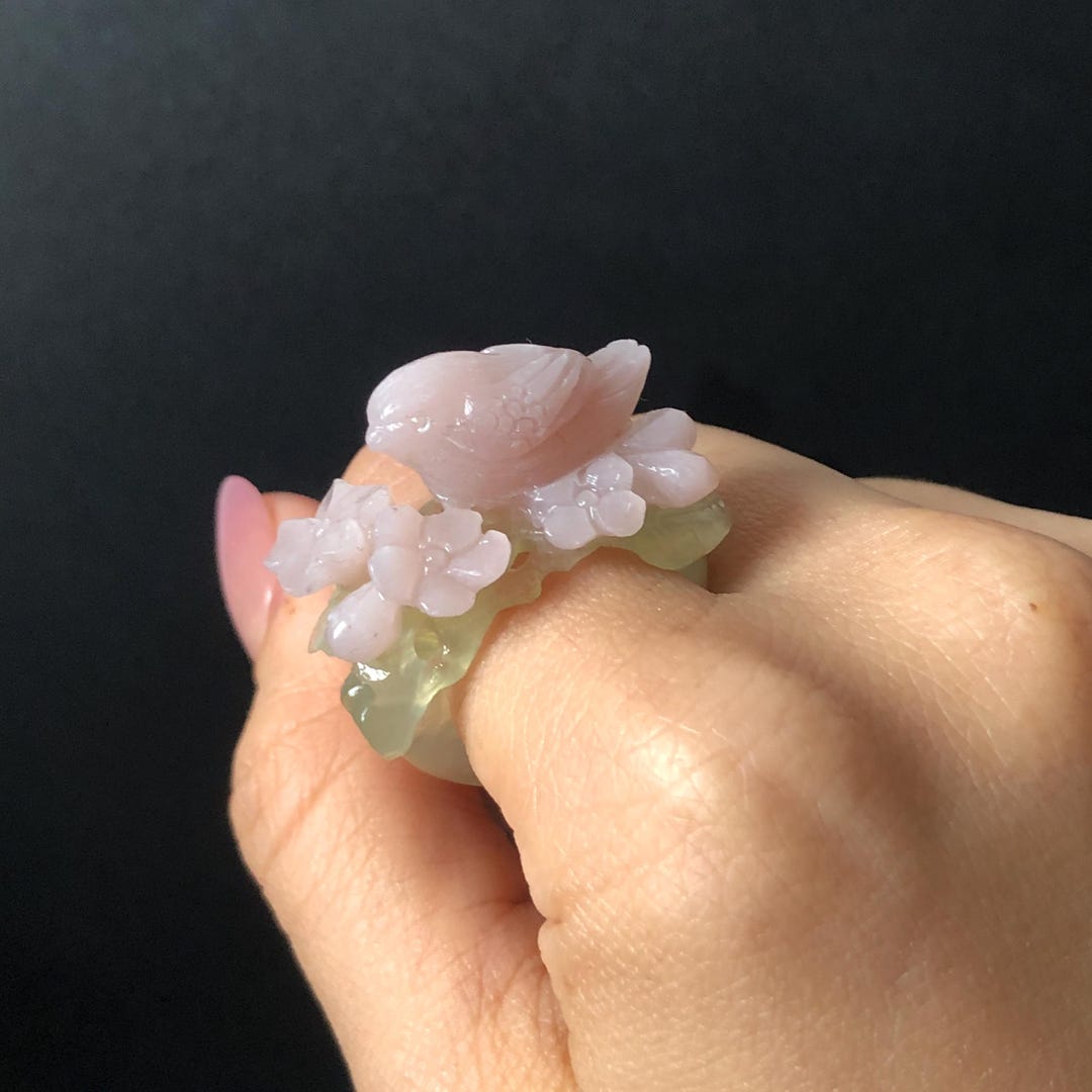Custom Size! Xiu Jade Serpentine Hand Carved Pink Bird Flower Statement ...