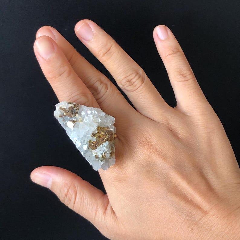 Raw Chalcopyrite and Clear Quartz Crystal Ring | Raw Stone Ring ...