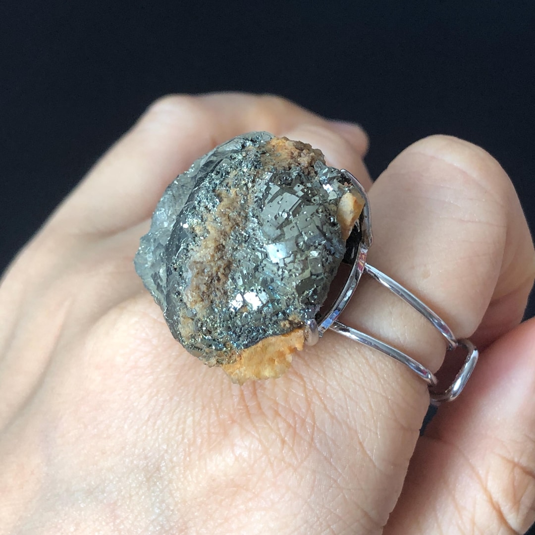 Raw Chalcopyrite Ring, Silver Raw Stone Ring Big Crystal Ring, Large ...