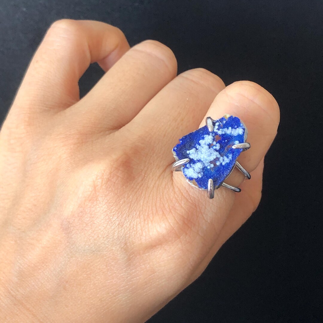 Raw Azurite With Gypsum Plaster Ring, Shiny Raw Stone Ring Blue, Sparky ...